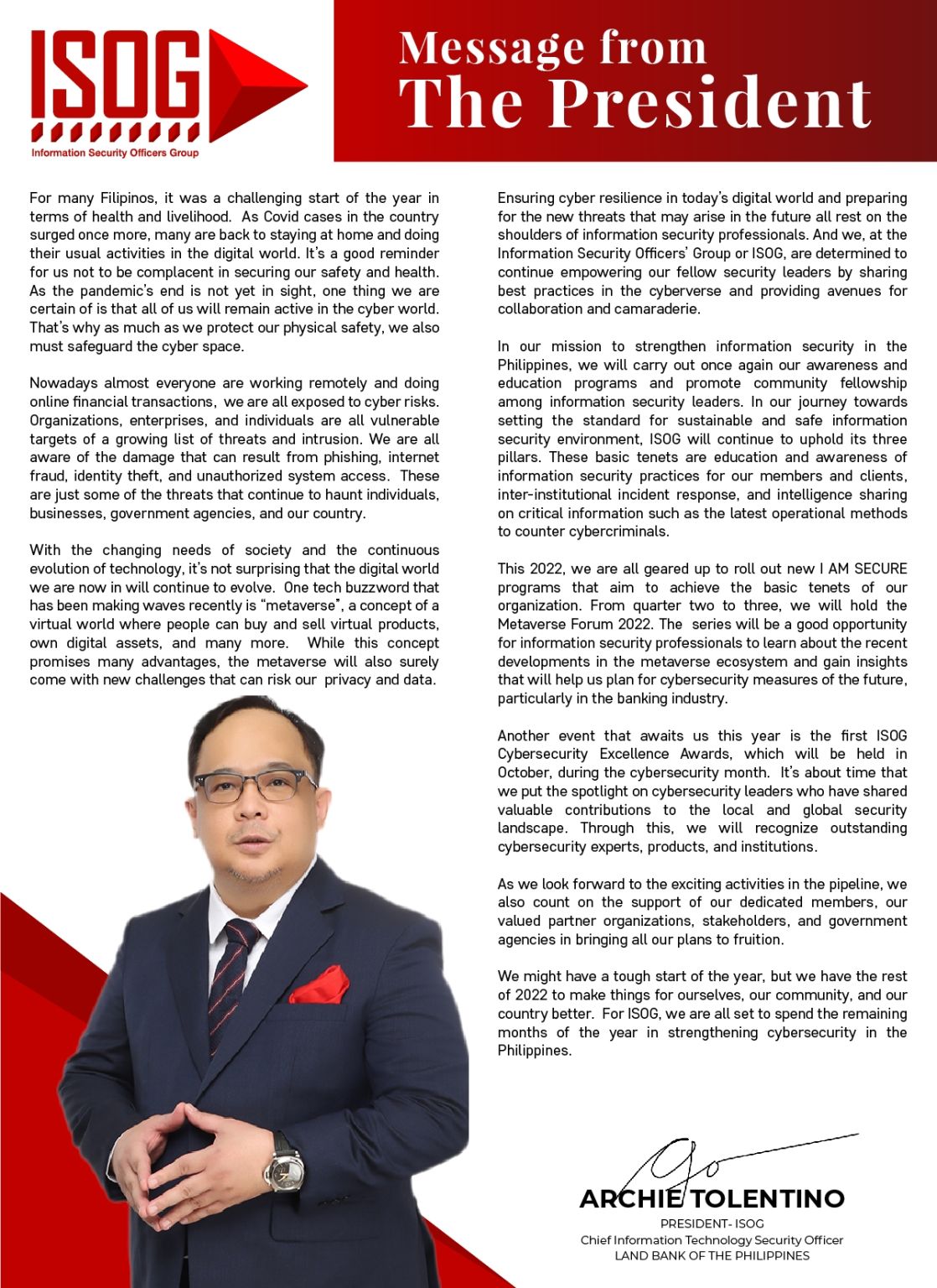 MESSAGE OF THE PRESIDENT - ISOG